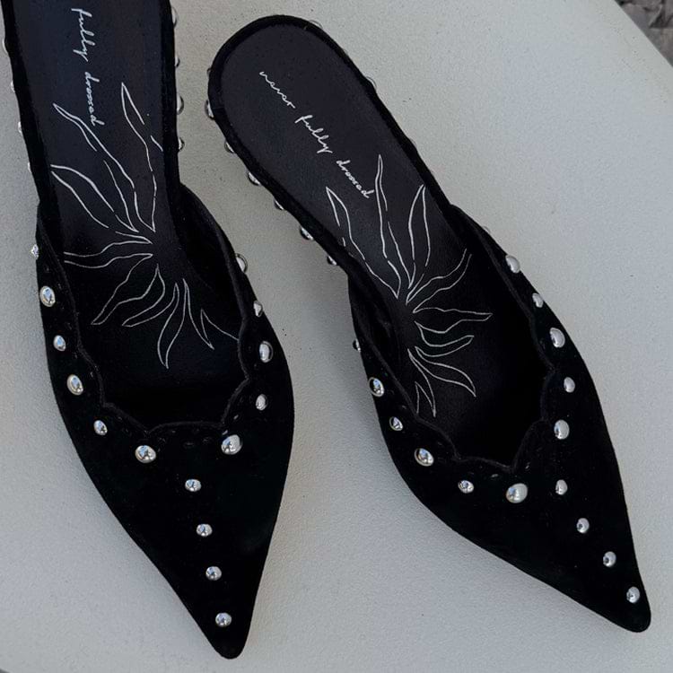 Black Suede Mules with Silver Studs – Never Fully Dressed