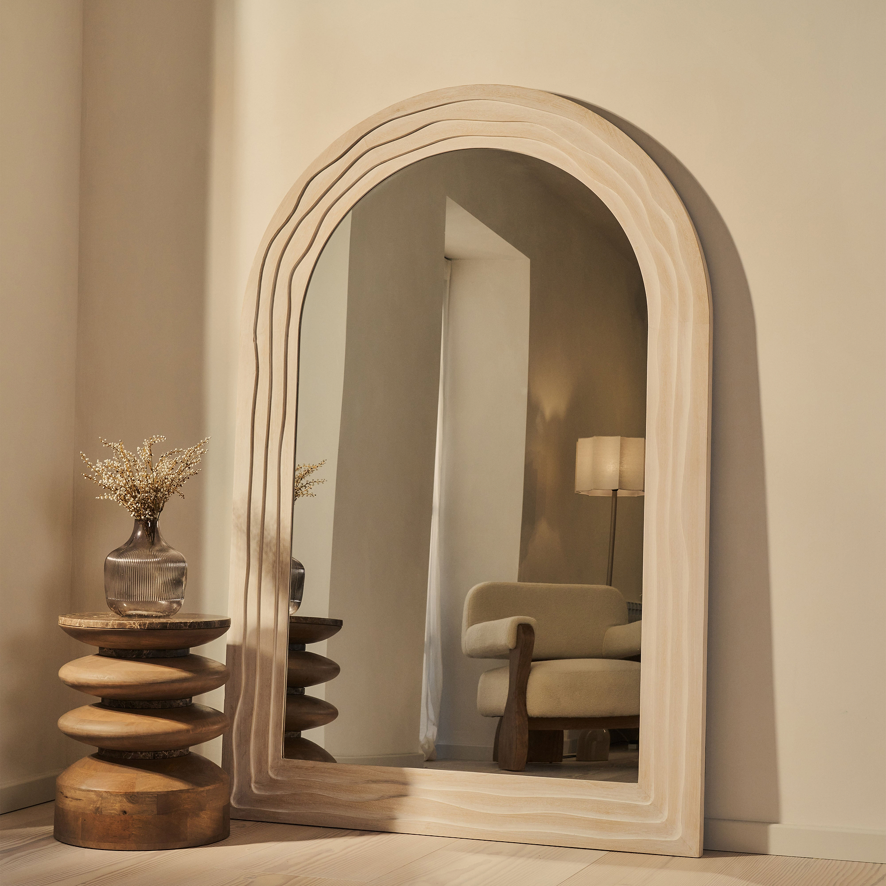 XL Full Length White Washed Wood Arched Mirror 180cm x 120cm - Lucelle