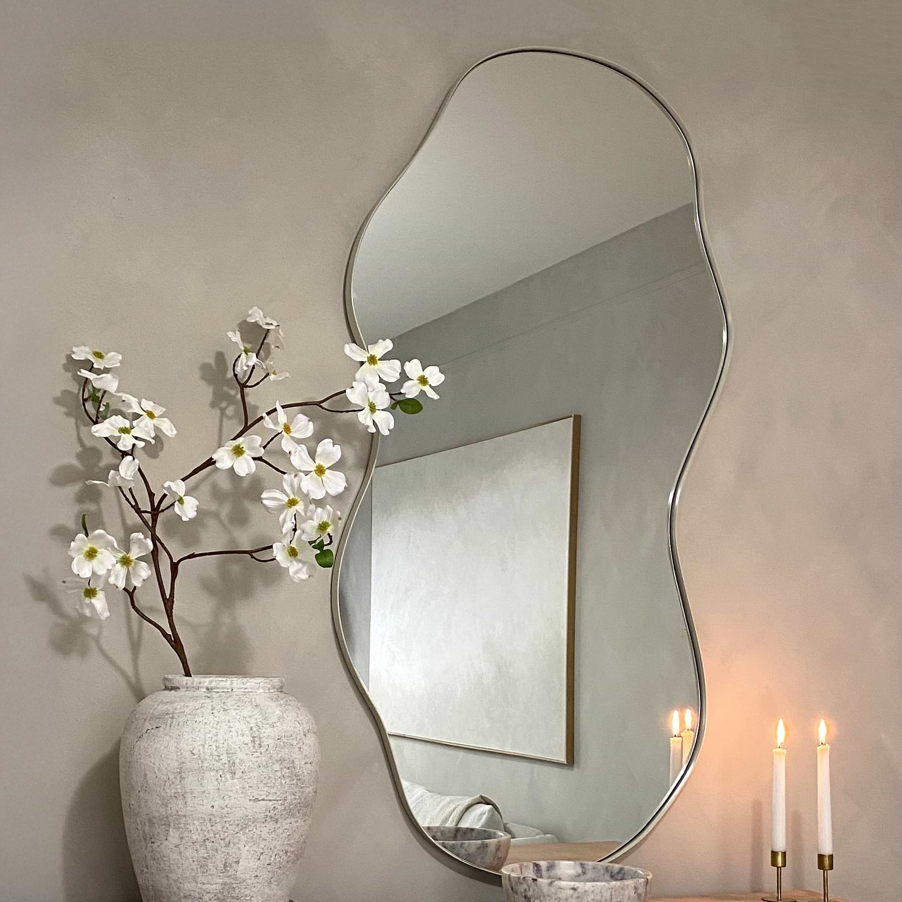 Ecru Metal Pond Shaped Irregular Wall Mirror 125cm x 65cm - Ava