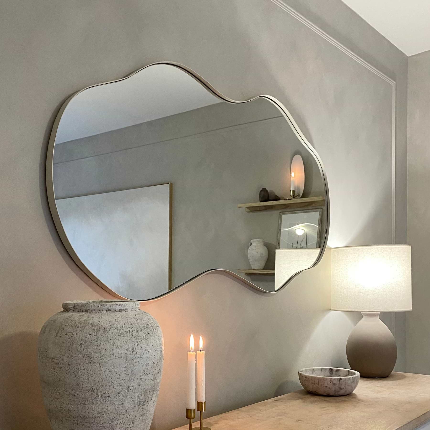 Ecru Metal Pond Shaped Irregular Wall Mirror 125cm x 65cm - Ava
