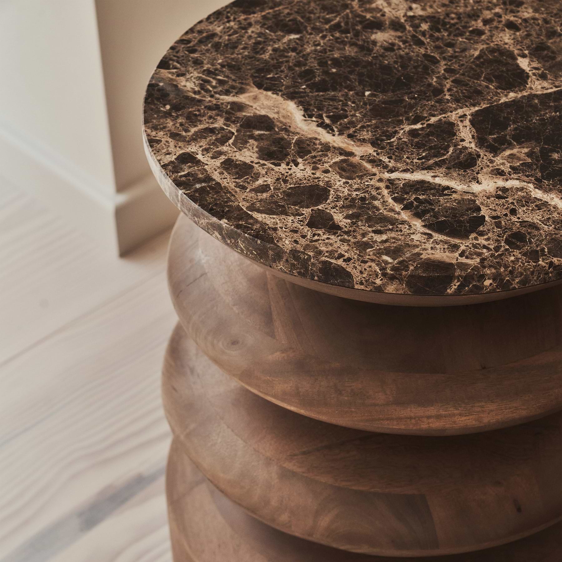 Orinthia - Dark Emperador Marble Round Dark Wood Premium Side Table