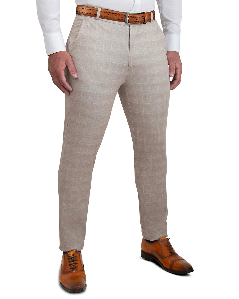 Athletic Fit Stretch Suit - Tan and White Windowpane Suit