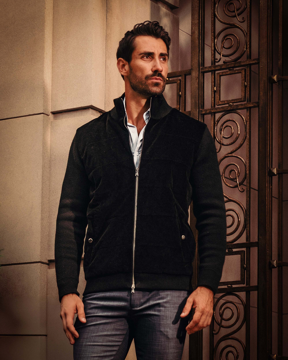 Corduroy Knit Zip Jacket - Black