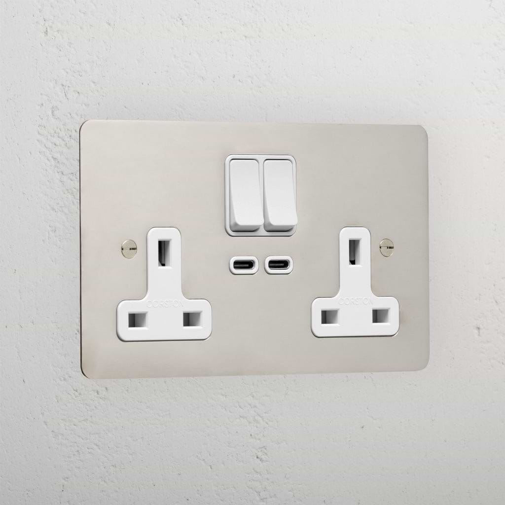 Double Socket w/ USB C White Insert – Polished Nickel – Corston