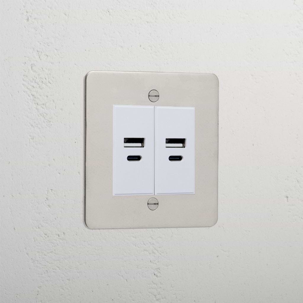2 Gang USB A+C Socket w/ White Insert – Polished Nickel – Corston