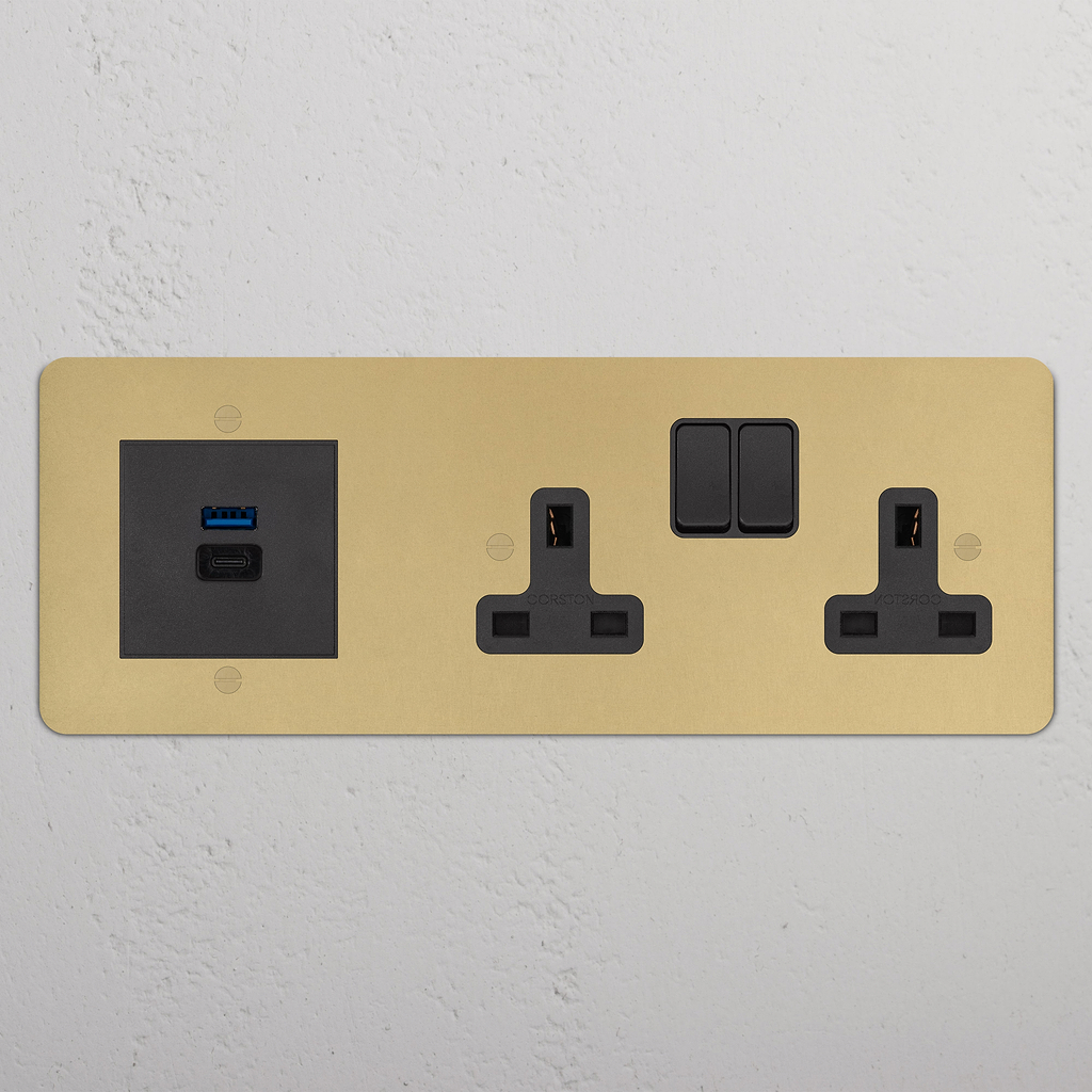 Double Socket & USB-A+C Fast Charge Antique Brass Black | Sockets & Modules