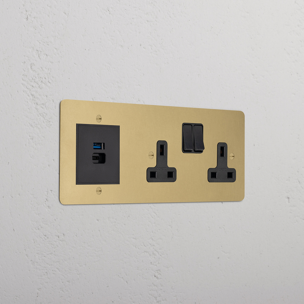 Double Socket & USB-A+C Fast Charge Antique Brass Black | Sockets & Modules