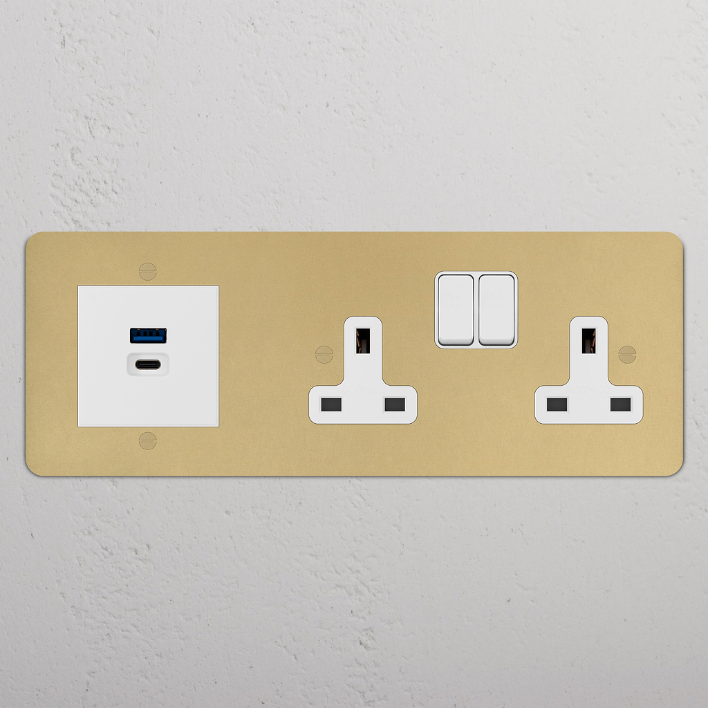 Double Socket & USB-A+C Fast Charge Antique Brass White | Sockets & Modules
