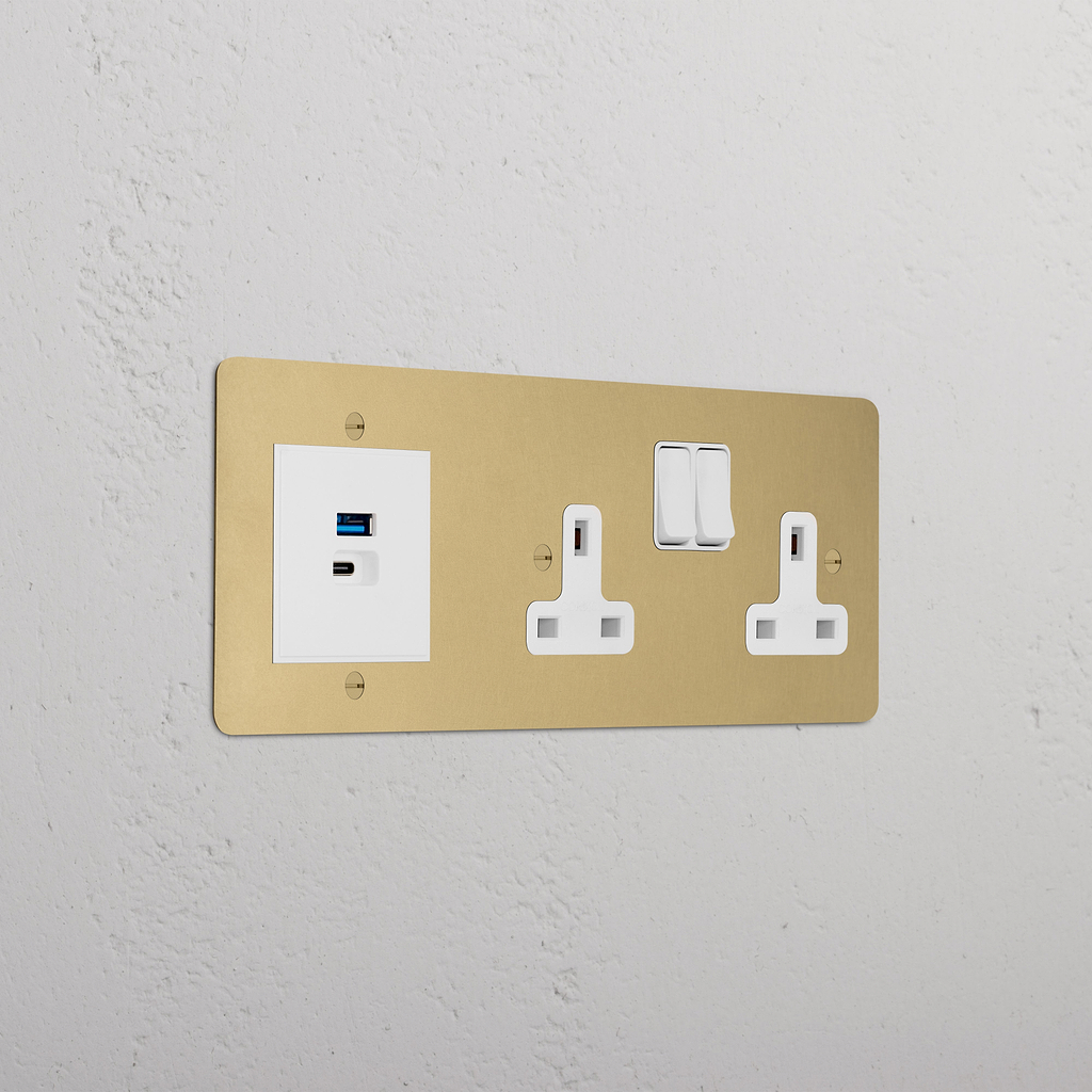 Double Socket & USB-A+C Fast Charge Antique Brass White | Sockets & Modules