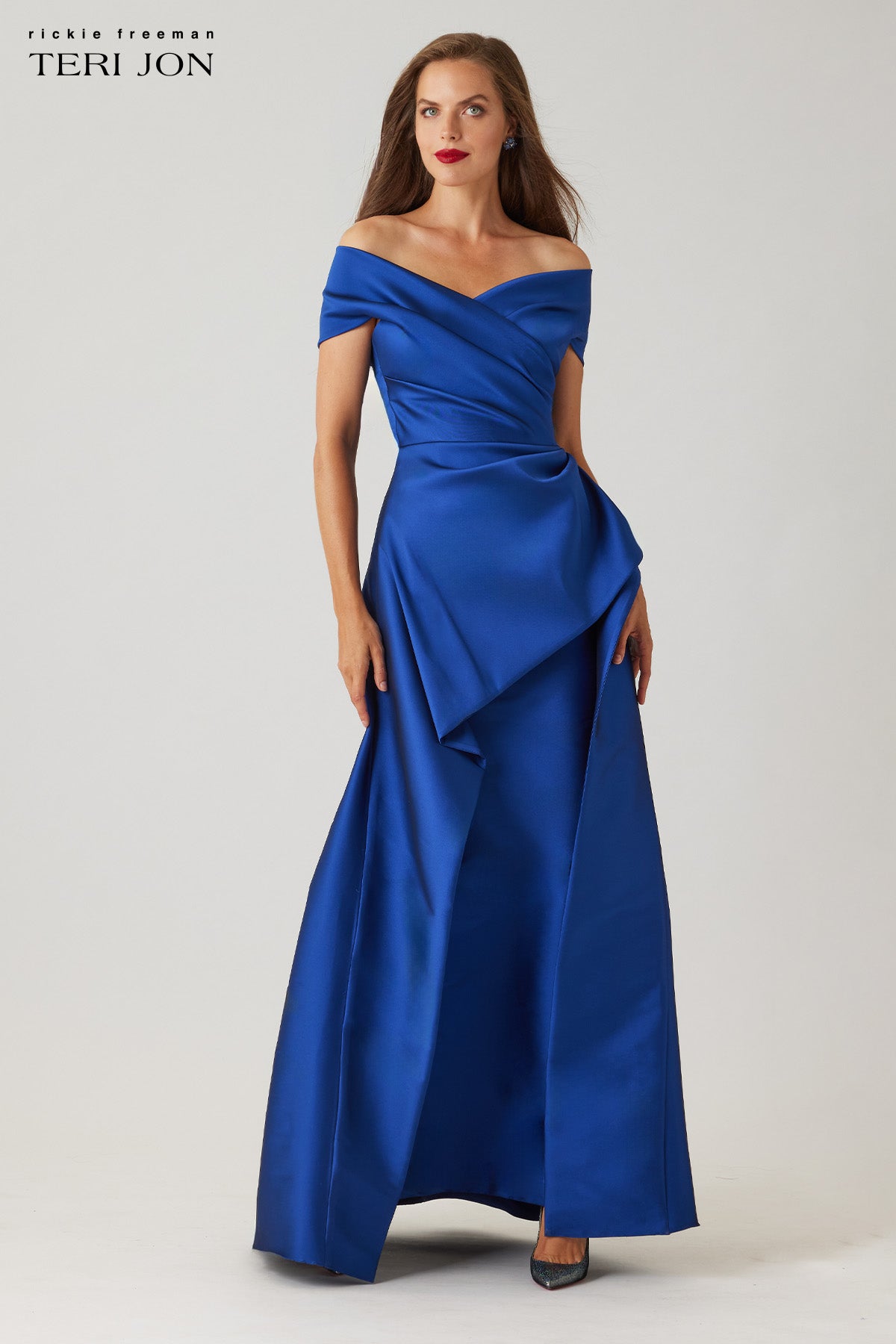 Royal Blue Mikado Stretch Gown With Overskirt – Terijon.com