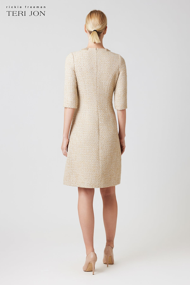 Metallic Boucle Elbow Sleeve Jewel Trim Dress – Terijon.com