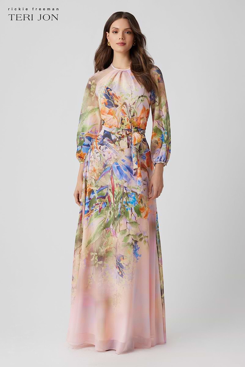 Floral Chiffon Maxi Gown with Long Sleeves – Terijon.com