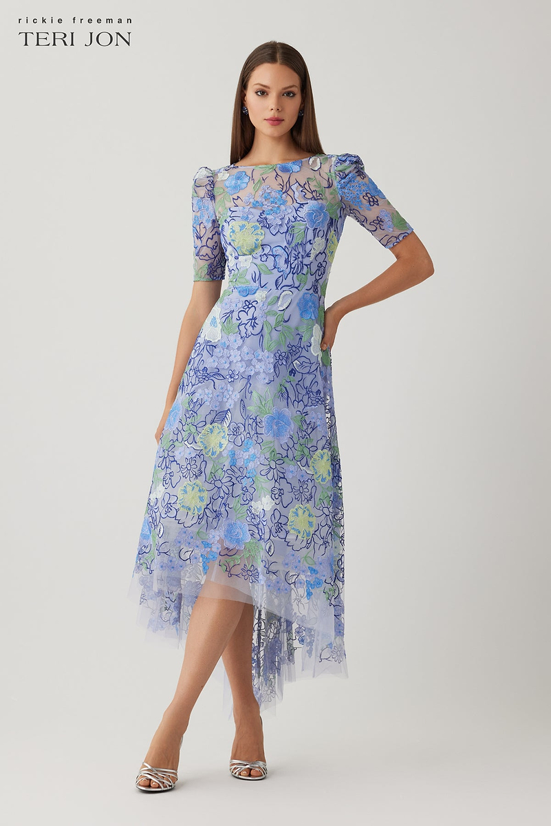 Embroidred Tulle Floral High Low Hem Dress – Terijon.com