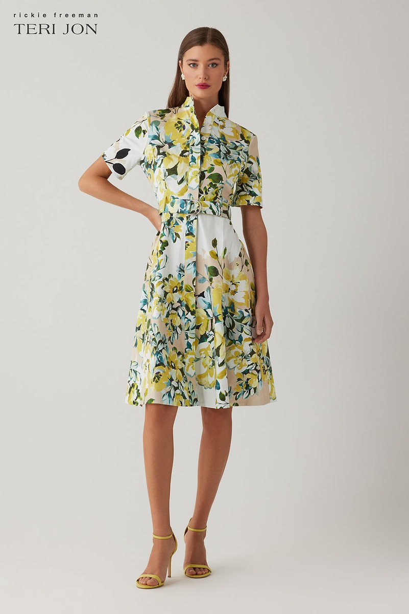 Cotton Print Mandarin Neck Shirtwaist Belted Dress – Terijon.com