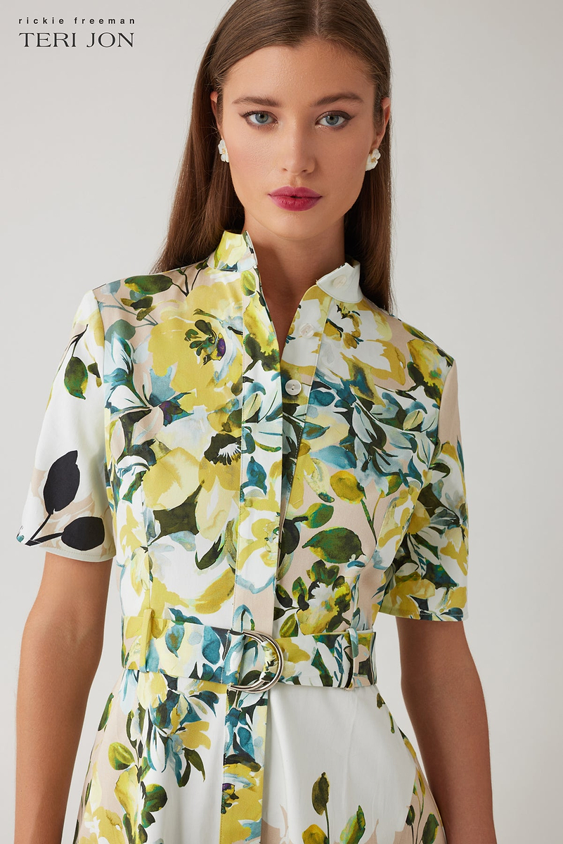 Cotton Print Mandarin Neck Shirtwaist Belted Dress – Terijon.com