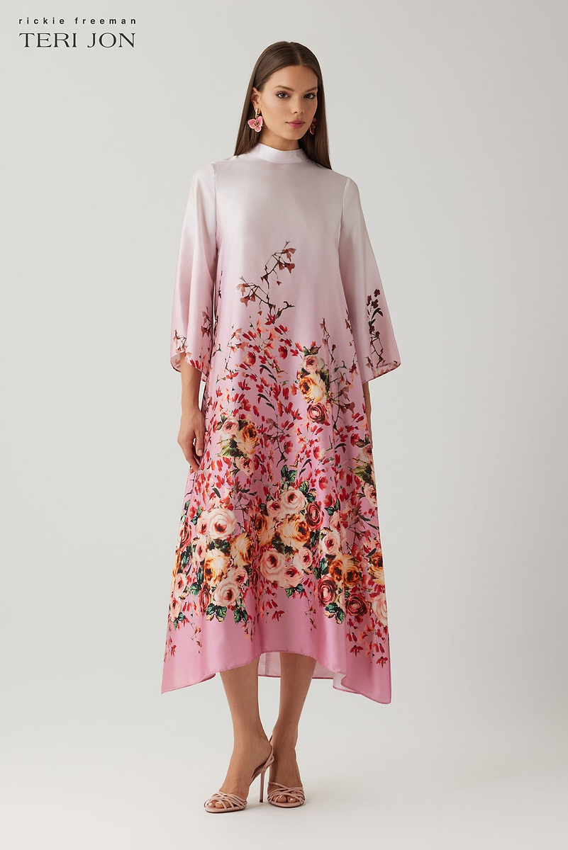 Twill Mandarin Neck Border Print Midi Dress – Terijon.com