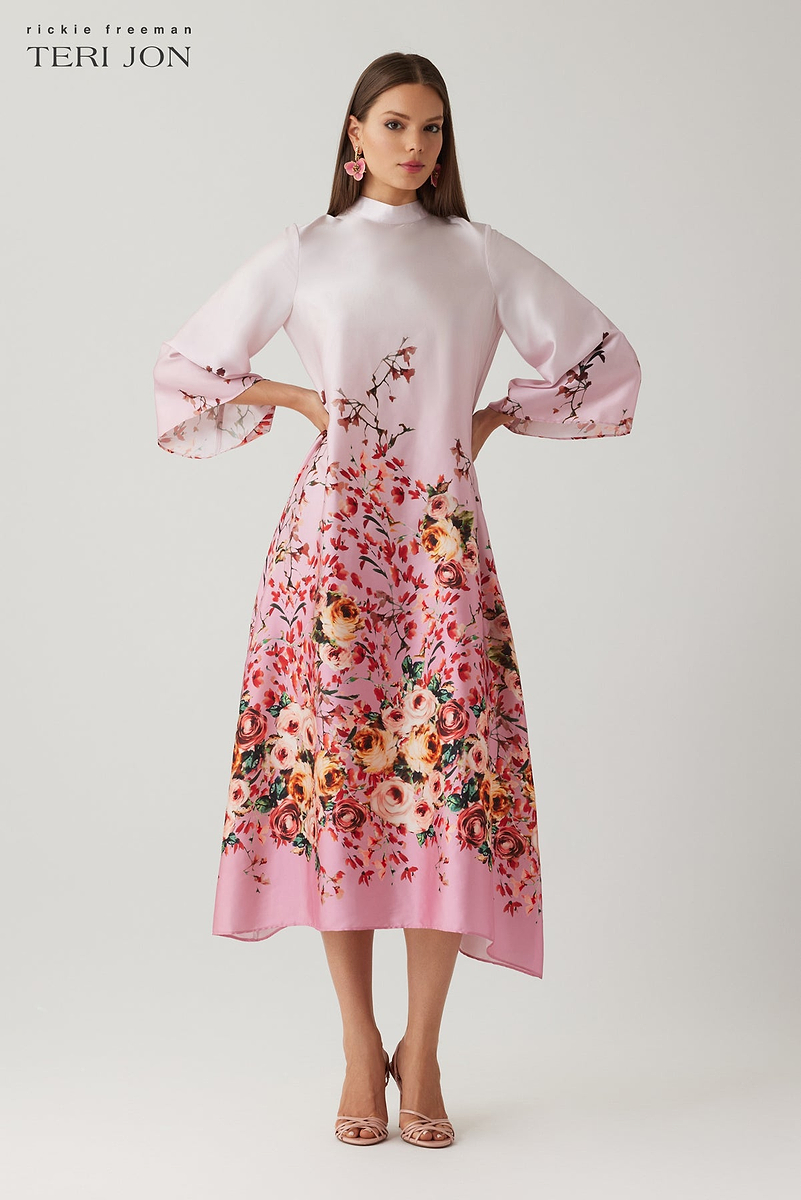 Twill Mandarin Neck Border Print Midi Dress – Terijon.com