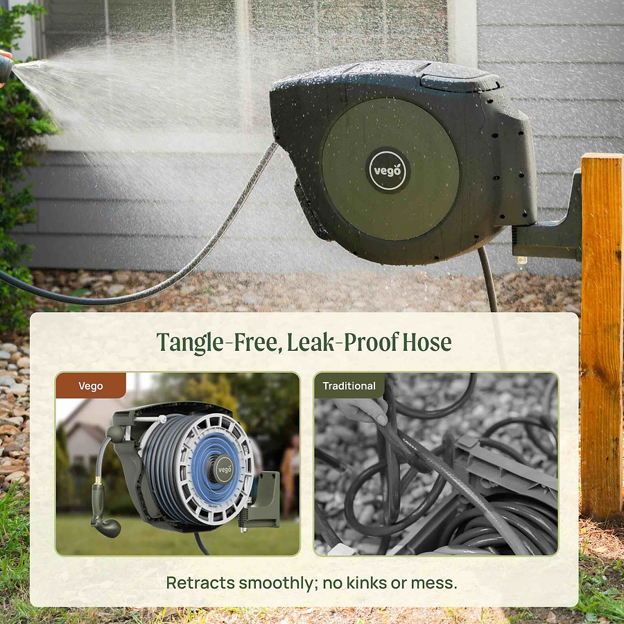Hi-Flow Retractable Hose Reel Set - 100 Ft | Vego Garden
