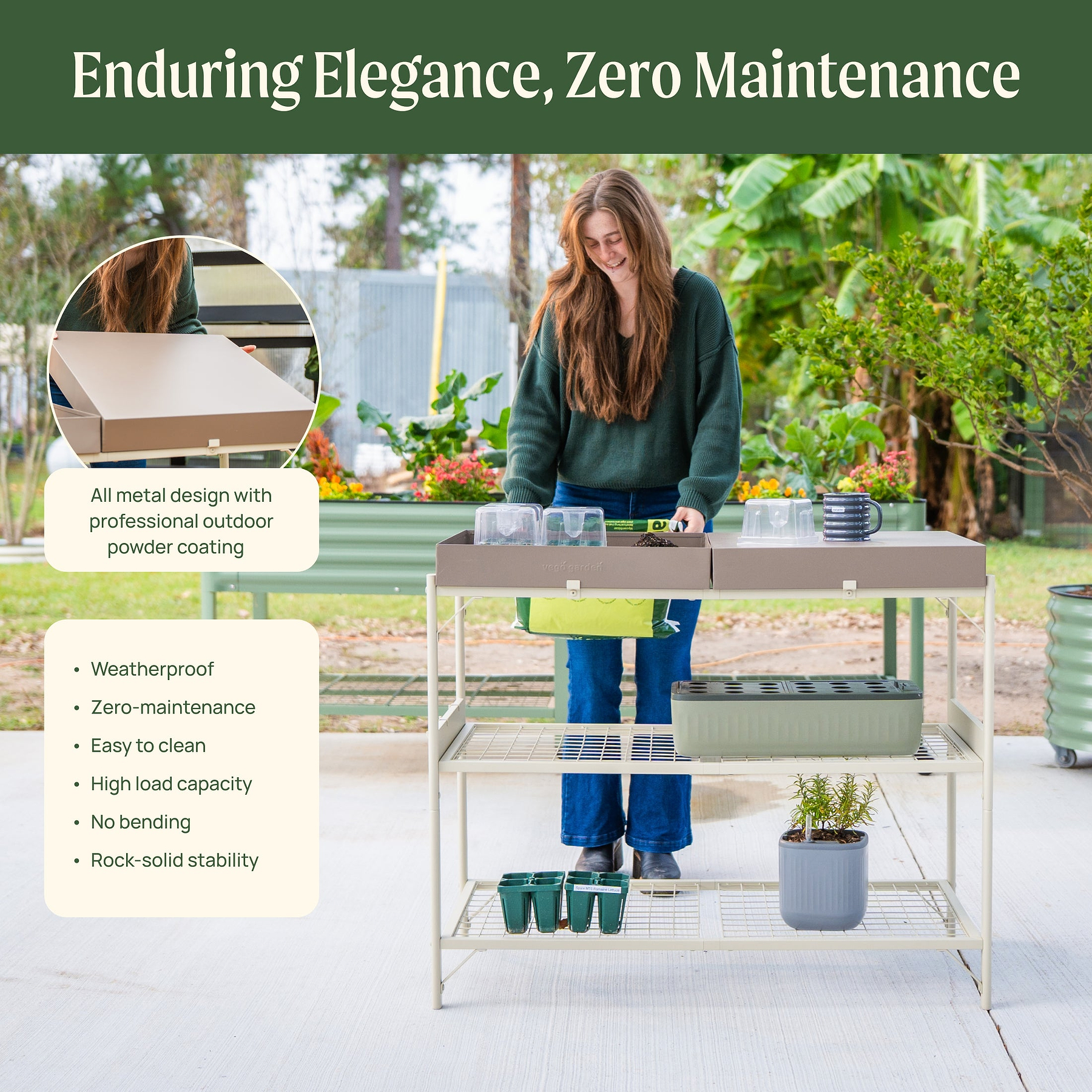 Vego Garden Potting Table | Outdoor Metal Workstation & Prep Station