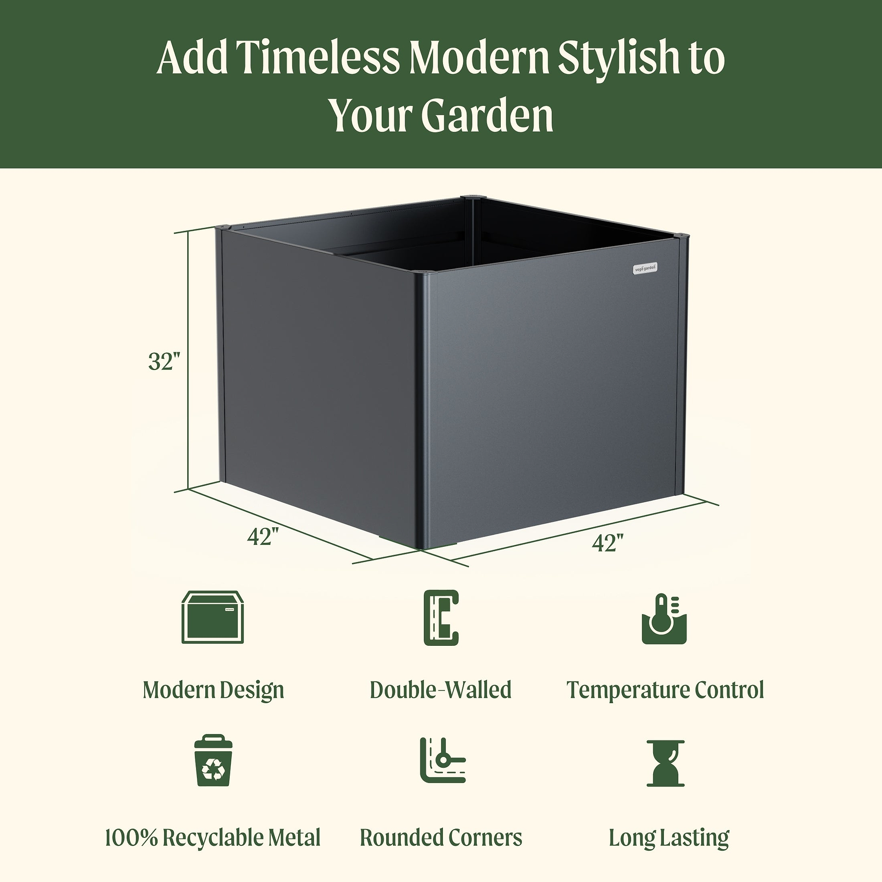32" Tall Modern Raised Garden Beds 42" x 42" | Vego Garden