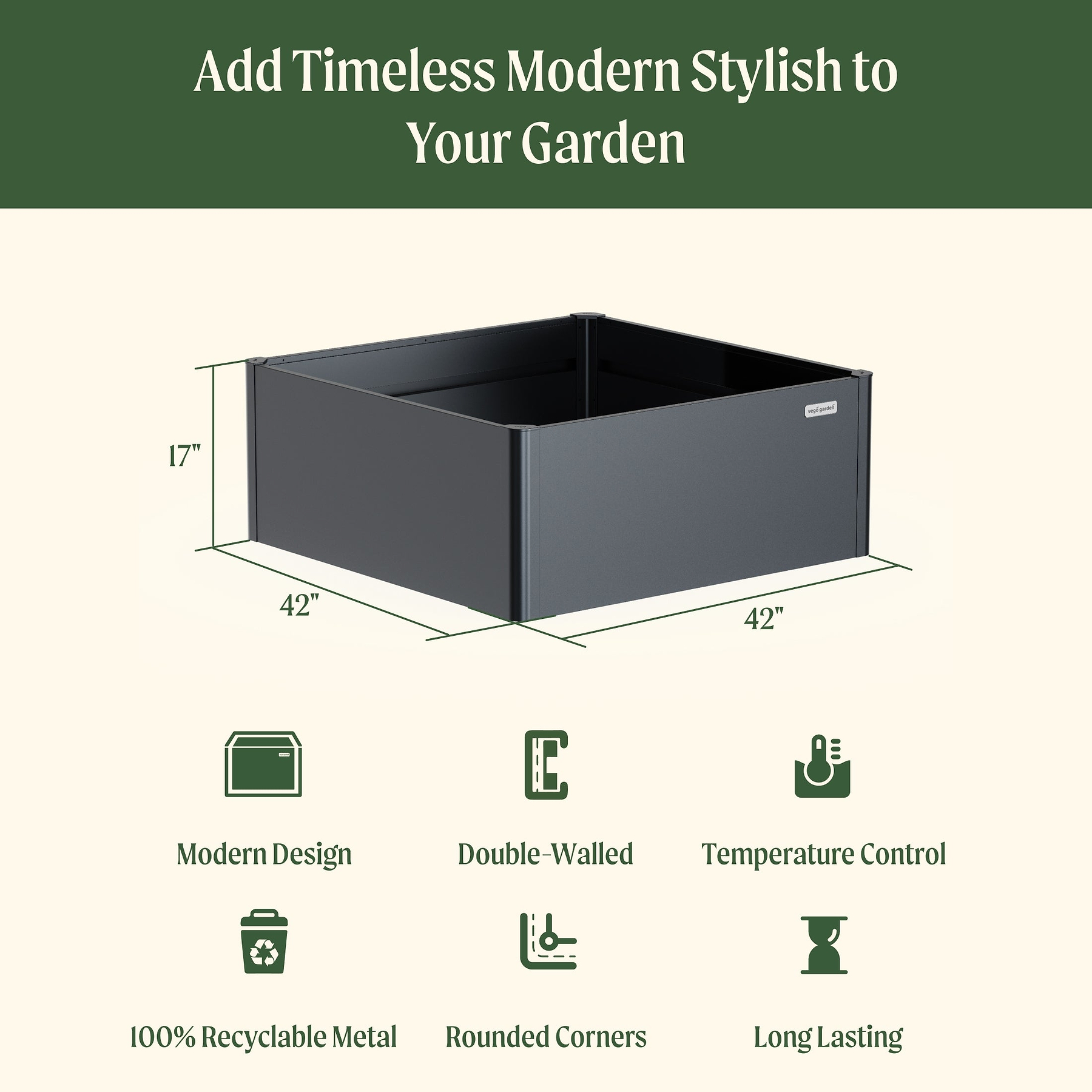 17" Tall Modern Raised Garden Bed 42" x 42" | Vego Garden