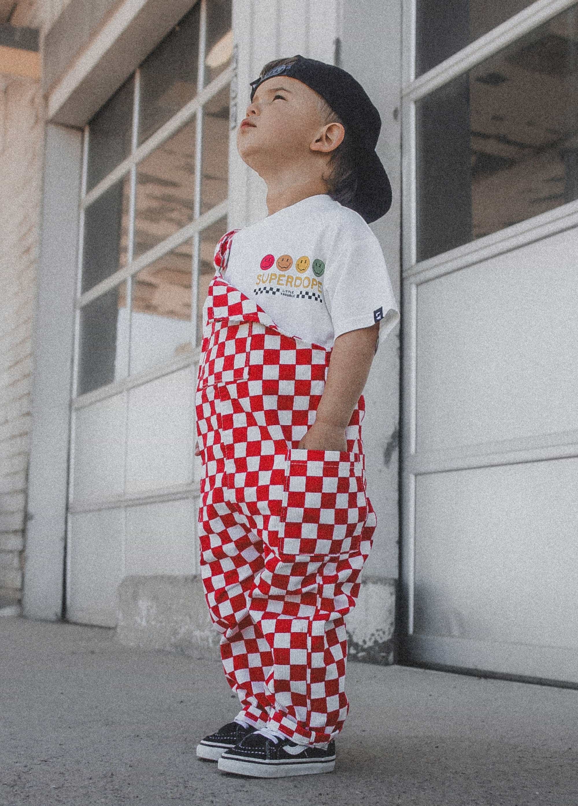 Checkered Overalls - Red | Little Trouble