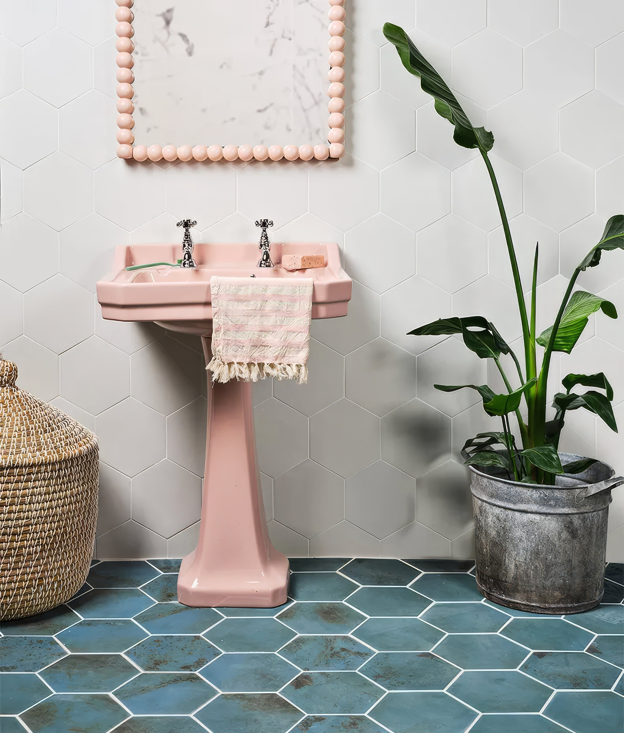 Verdigris & Pearl White Hexagon Porcelain Tiles – Hyperion Tiles