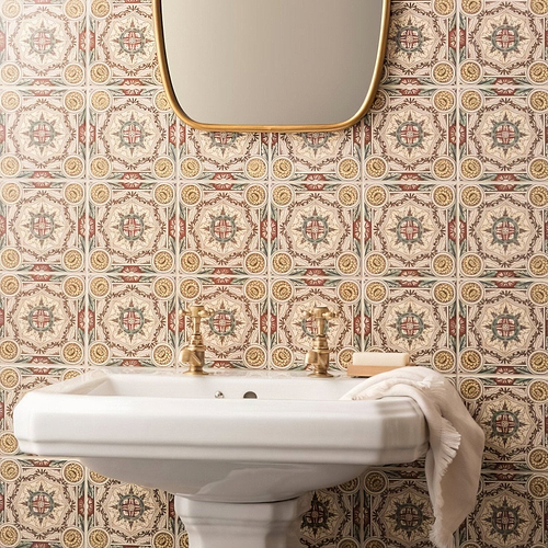Symmetrical Floral Pattern Single Tile on County White from Hyperion Tiles
