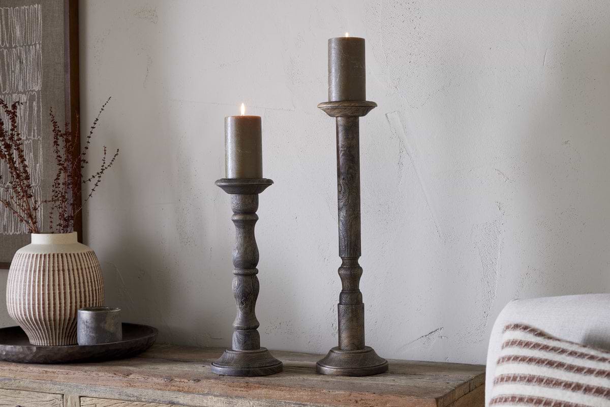 Nayati Rustic Wood Pillar Candle Stick - Dark Stain - nkuku
