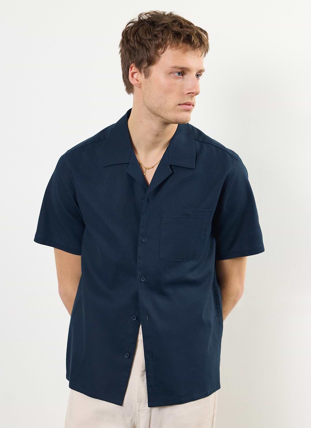 Men's Short Sleeve Cuban Shirt | 100% Linen | Navy Blue