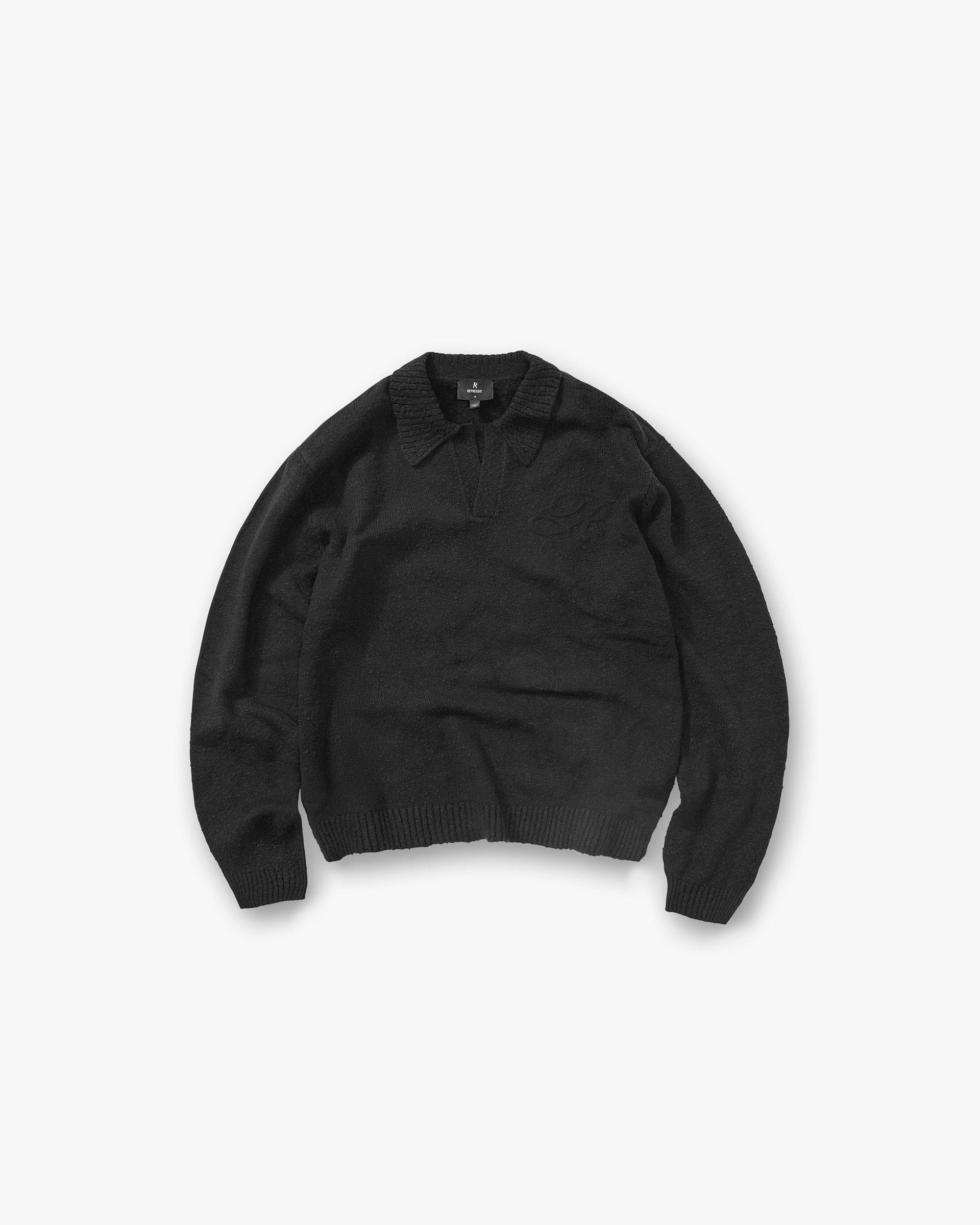 Jet Black Boucle Knitted Polo Shirt | Knitwear | REPRESENT